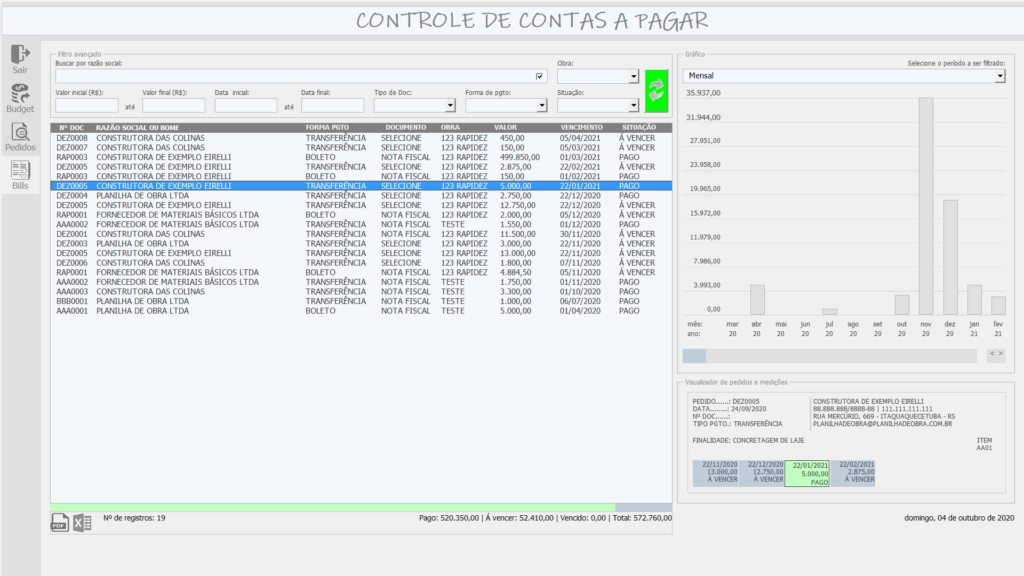 CONTROLE DE CONTAS Á PAGAR - Planilha de Obra